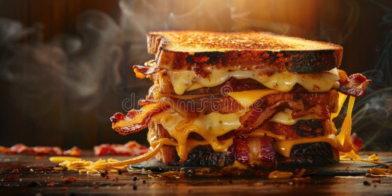 A Grilled Cheese Sandwich with Bacon and Cheese Melted and Dripping Out ...