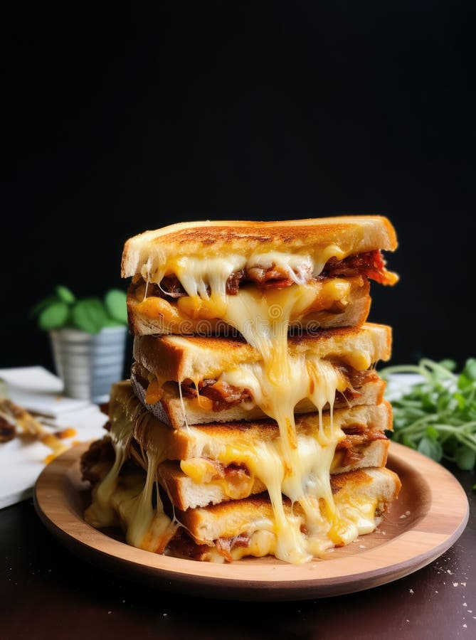 Grilled Cheese Sandwich with Bacon Melting High Stack in Dark Kitchen ...