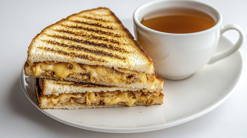 Grilled Cheese Sandwich and Tea on White Plate Stock Illustration ...