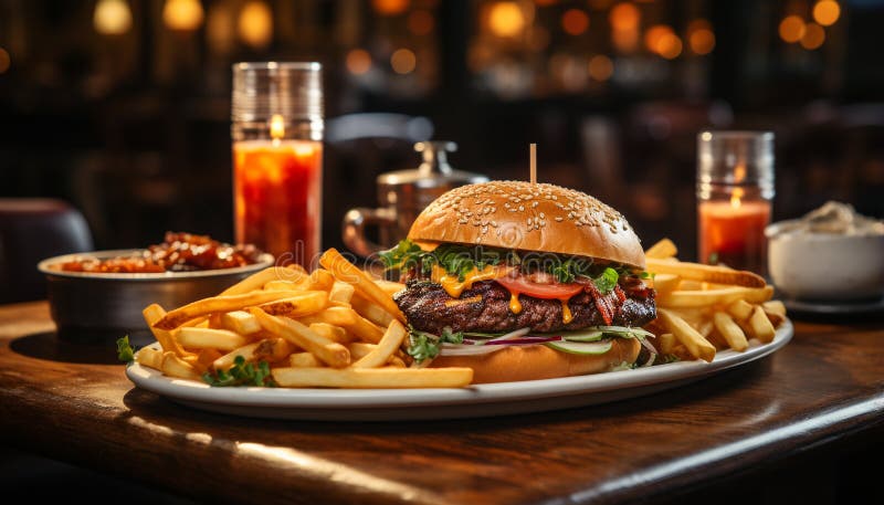 Grilled Cheeseburger on a Rustic Wooden Table Generated by AI Stock ...