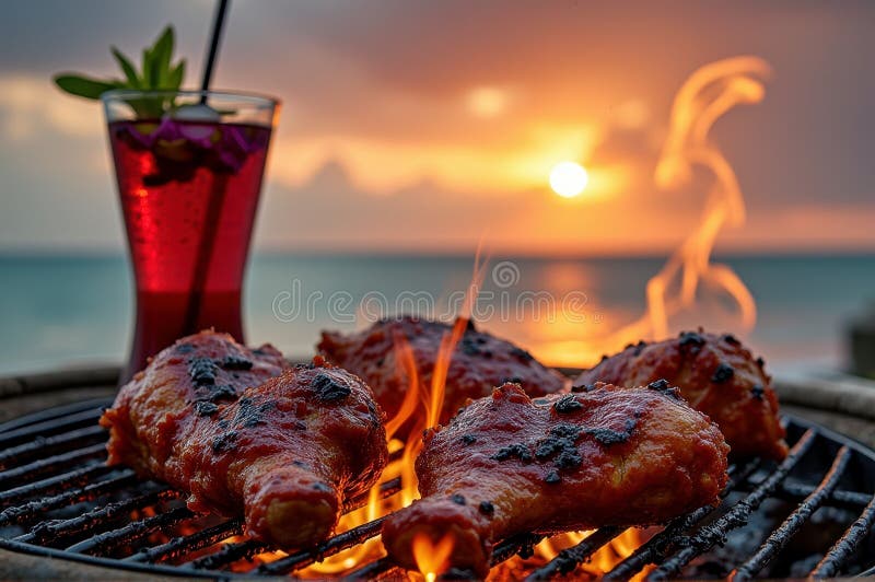 Grilled Chicken on Bbq with Tropical Drink at Sunset Beach Stock Image ...