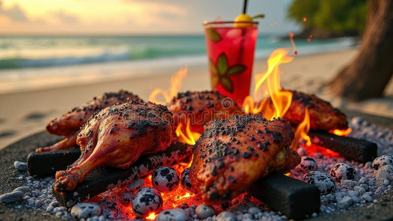 Grilled Chicken on Beach Bonfire with Tropical Drink at Sunset Stock ...
