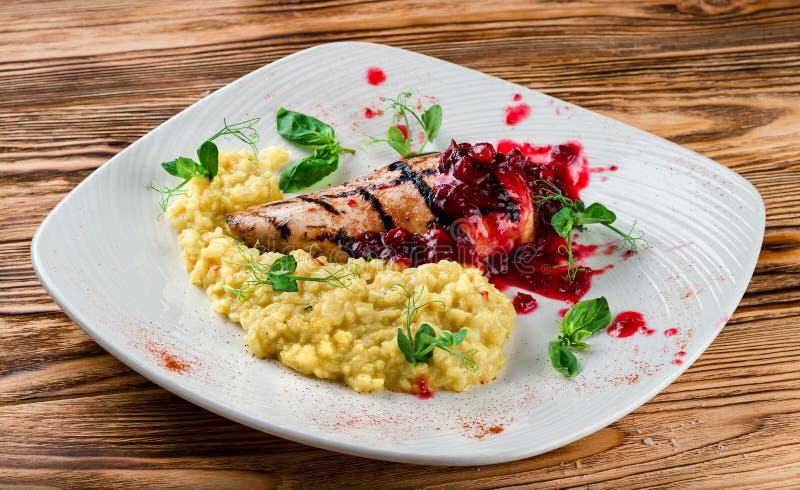 Grilled Chicken Breast Fillet Risotto Stock Image - Image of green ...