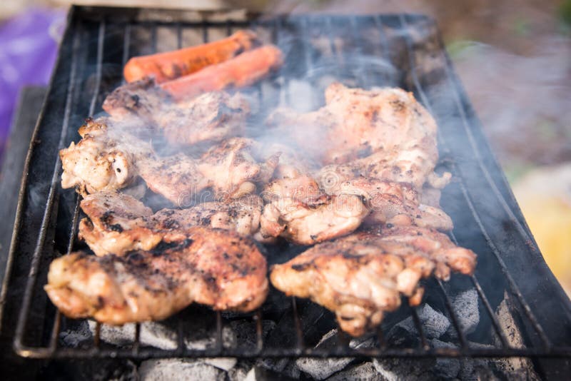 Grilled Chicken Breast with Fire and Smoke . Stock Photo - Image of ...