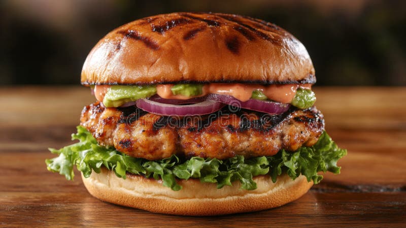 Grilled Chicken Burger with Avocado and Red Onion Stock Illustration ...