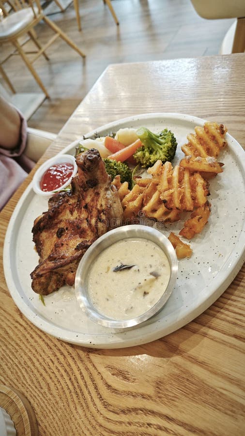 Grilled Chicken Chop with Vegetables and Mushroom Cheese. Stock Image ...