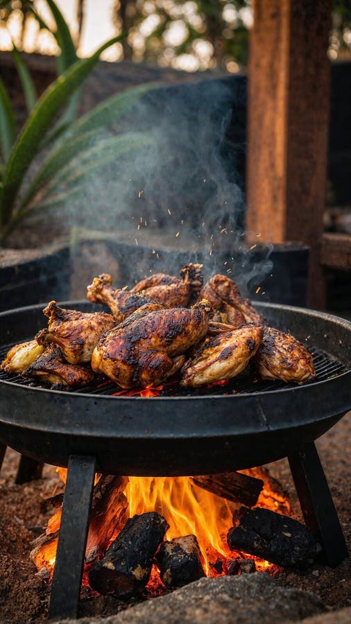 Grilled Chicken Cooking Over an Open Fire with Smoke Rising in an ...