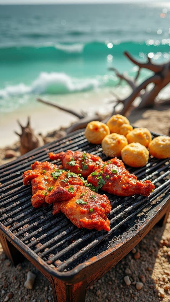 Grilled Chicken and Cornbread on Beach Bbq Near Ocean Waves Stock Photo ...