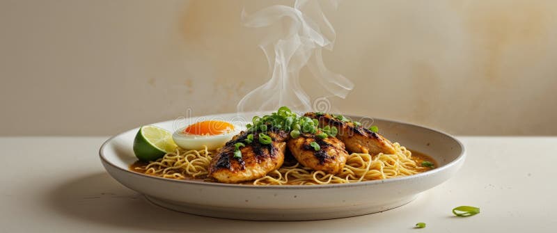 Grilled Chicken Curry Noodles Dish with Eggs Stock Photo - Image of ...