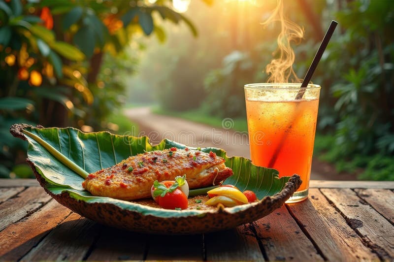 Grilled Chicken Dish with Refreshing Iced Tea on Tropical Rustic Table ...