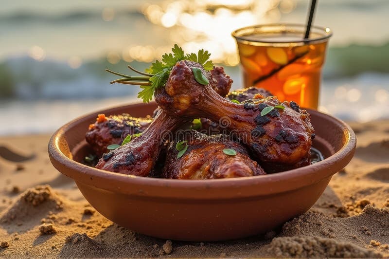 Grilled Chicken Drumsticks on Beach Sand with Refreshing Iced Tea at ...