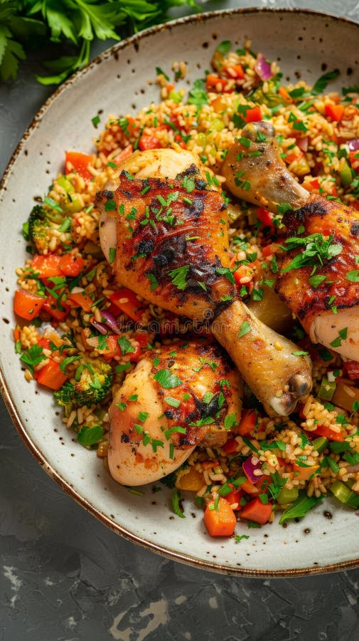 Grilled Chicken Drumsticks on Vegetable Fried Rice Stock Photo - Image ...