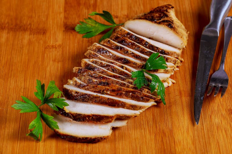 Grilled Chicken Fillets on Slate Plate Stock Image - Image of knife ...