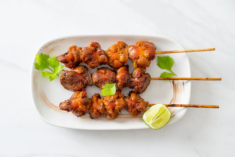 Grilled Chicken Gizzard Skewer with Herbs and Spices Stock Photo ...