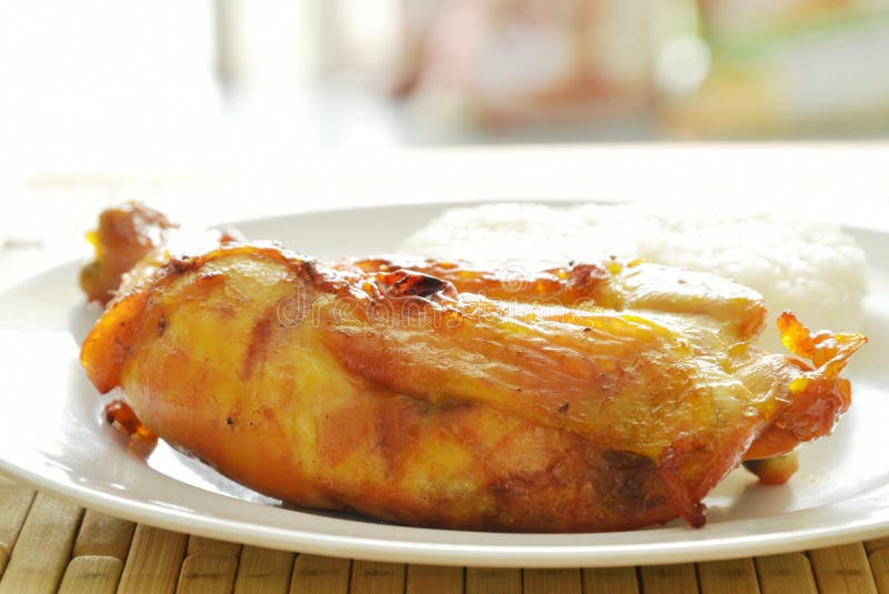 Grilled Chicken Leg Eat with Sticky Rice on Dish Stock Image - Image of ...