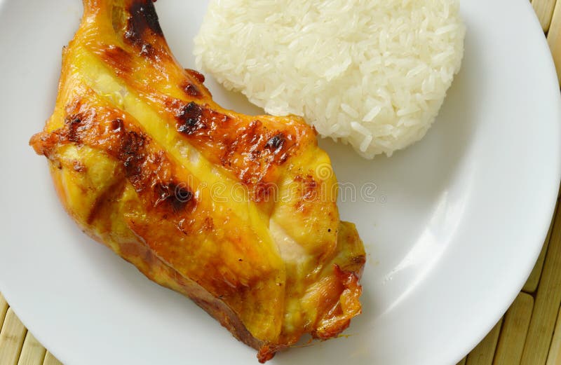 Grilled Chicken Leg Eat with Sticky Rice on Plate Stock Photo - Image ...