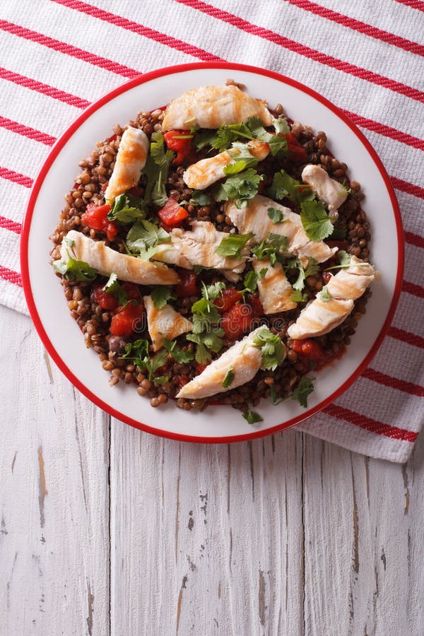 Grilled Chicken with Lentils and Cilantro. Vertical Top View Stock ...