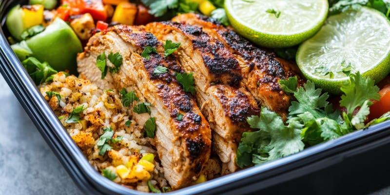 Grilled Chicken with Mexican Rice and Veggies in a Box Stock ...