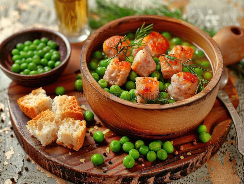 Grilled Chicken and Peas in a Wooden Bowl on Rustic Table Stock ...