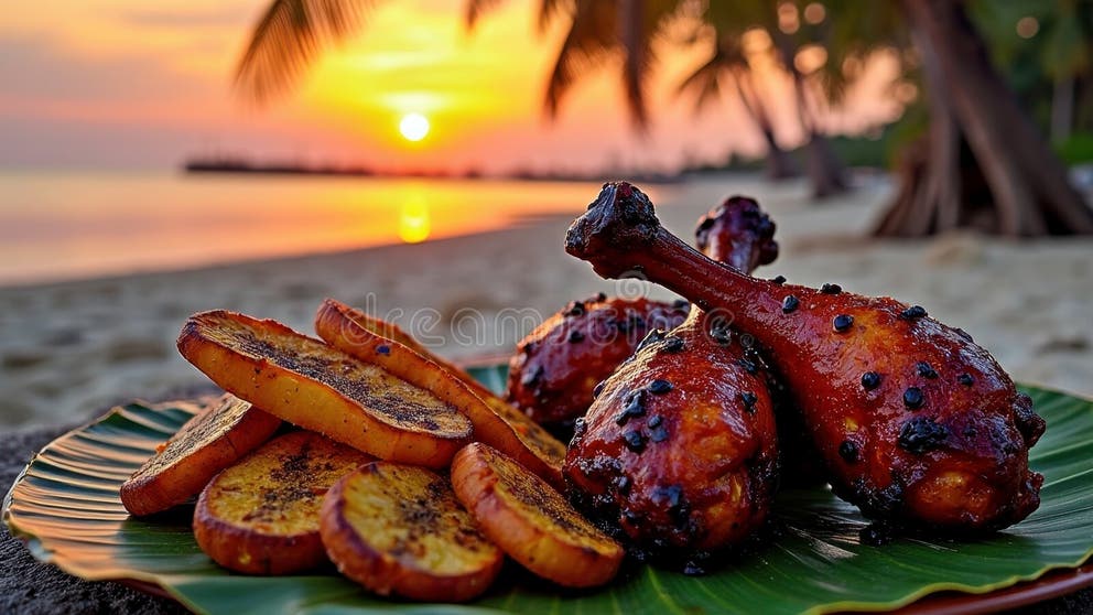 Grilled Chicken and Plantains on a Beach at Sunset Stock Image - Image ...