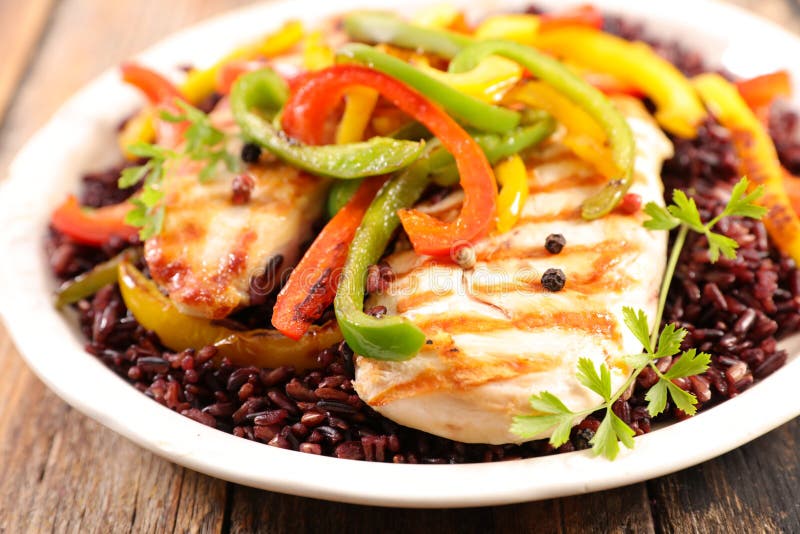 Grilled chicken with rice stock photo. Image of healthy - 128910402