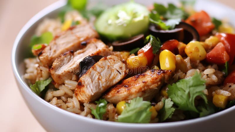 Grilled Chicken Rice Bowl with Fresh Vegetables and Herbs Stock ...
