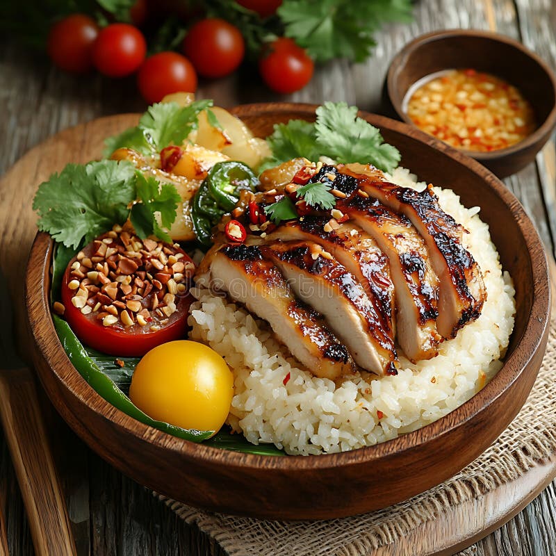 Grilled Chicken with Rice and Fresh Vegetables, Rustic Bowl Stock ...