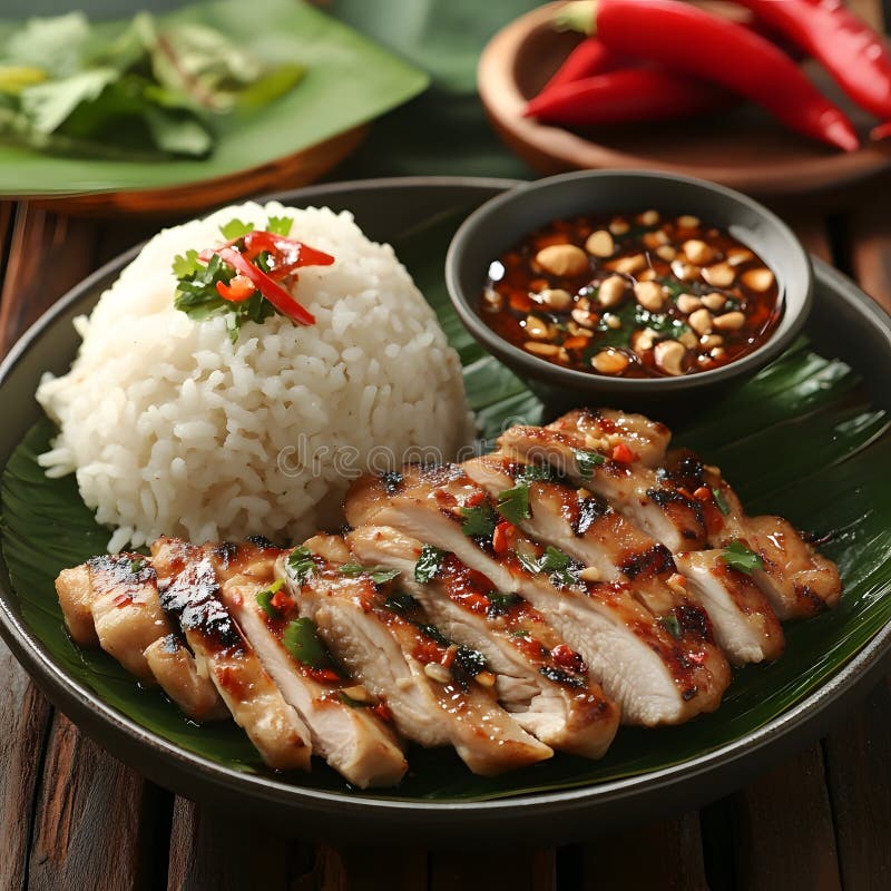 Grilled Chicken with Rice and Sauce, Vibrant Presentation Stock ...