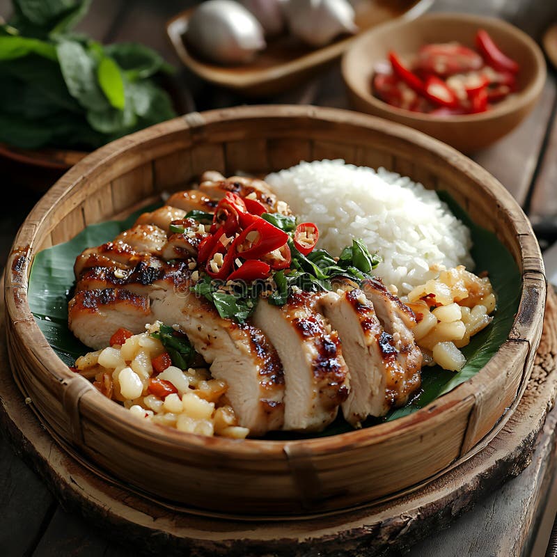 Grilled Chicken with Rice and Vegetables in Bamboo Bowl Stock ...