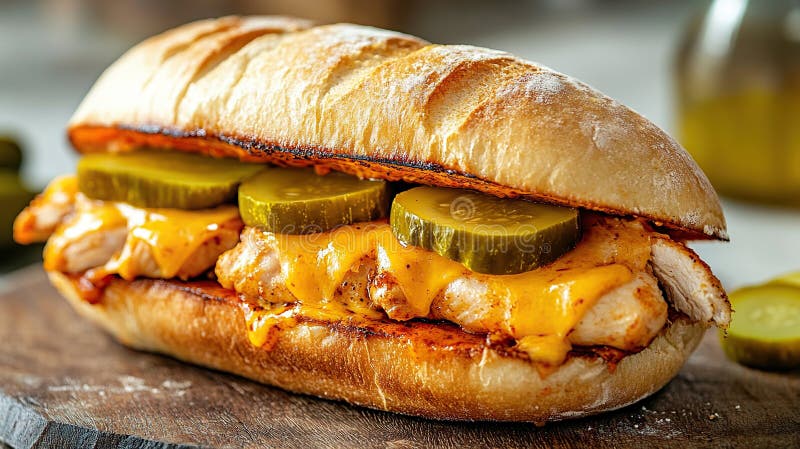 Grilled Chicken Sandwich, Pickles, Cheese, Kitchen Counter Stock Image ...