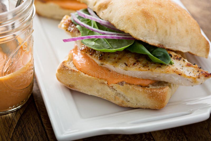 Grilled Chicken Sandwich with Red Pepper Sauce Stock Image - Image of ...