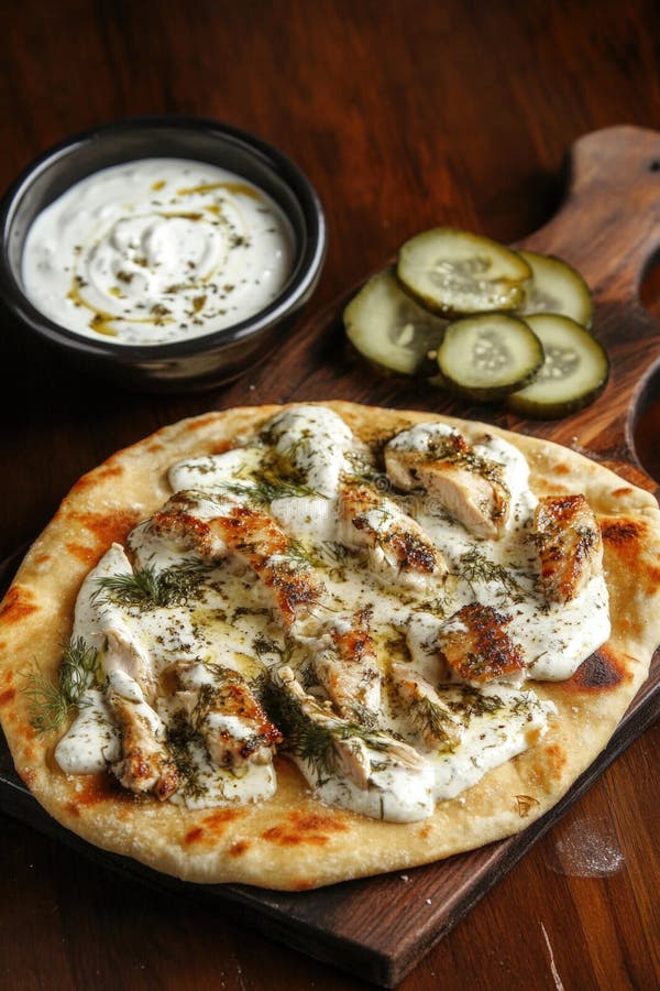 Grilled Chicken Shawarma with Yogurt Sauce on Flatbread Garnished with ...