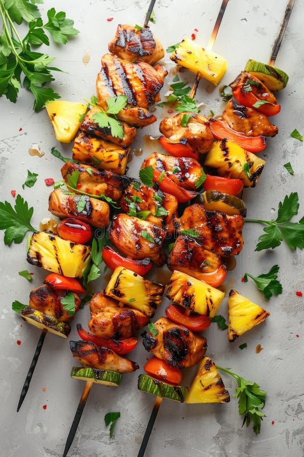 Grilled Chicken Skewers with Fresh Vegetables and Pineapple Chunks ...