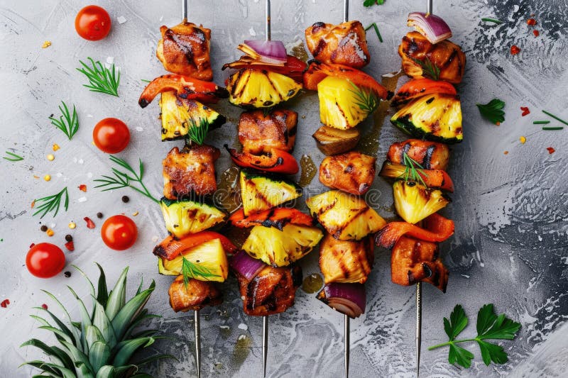 Grilled Chicken Skewers with Fresh Vegetables and Pineapple Chunks ...