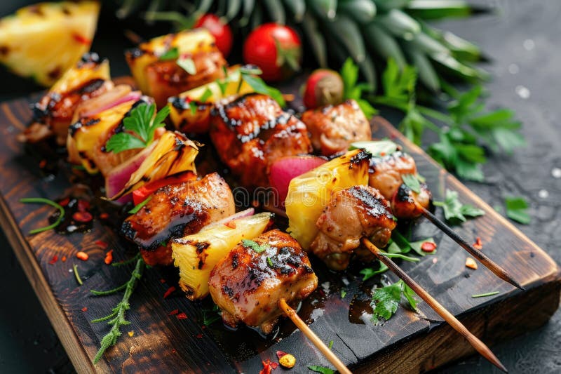 Grilled Chicken Skewers with Fresh Vegetables and Pineapple Chunks ...