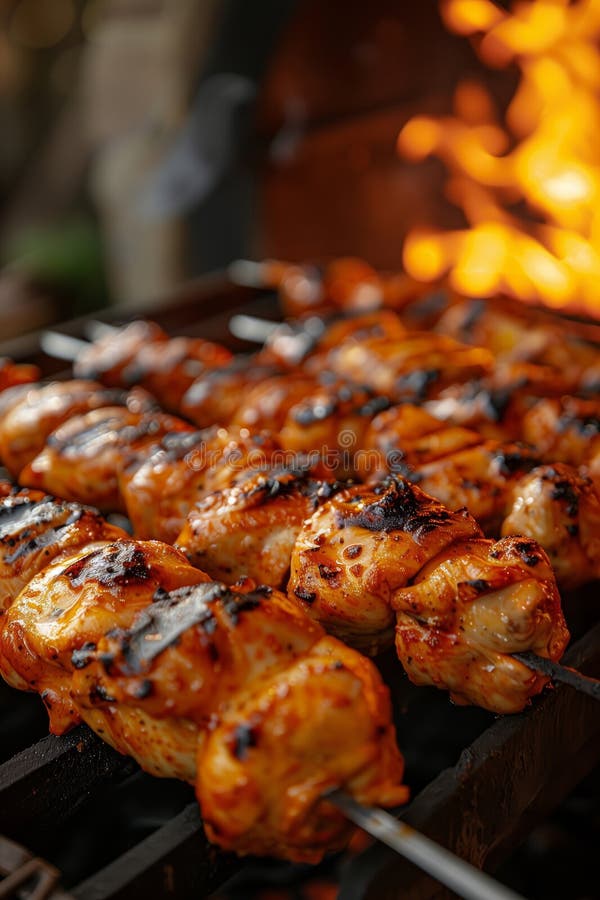 Grilled Chicken Skewers Over Open Flame Stock Image - Image of ...