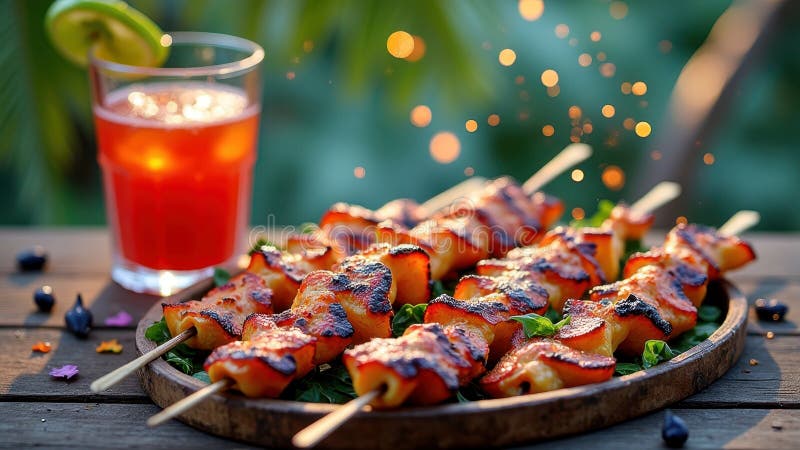 Grilled Chicken Skewers Refreshing Drink Outdoor Table Lime Garnish ...