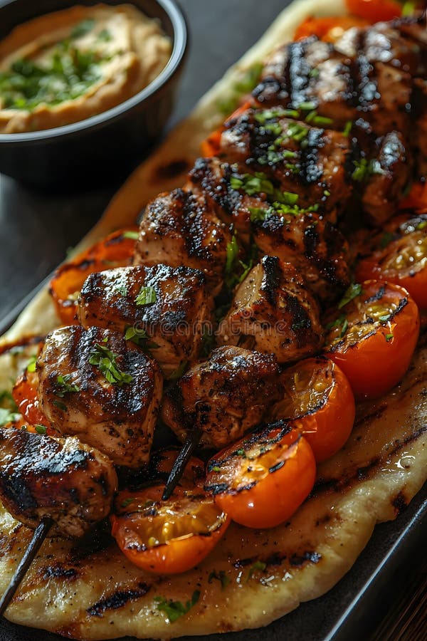 Grilled Chicken Skewers Served with Roasted Tomatoes and Hummus on ...