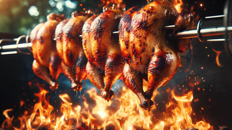 Grilled Chicken on a Spit Over the Fire Stock Illustration ...