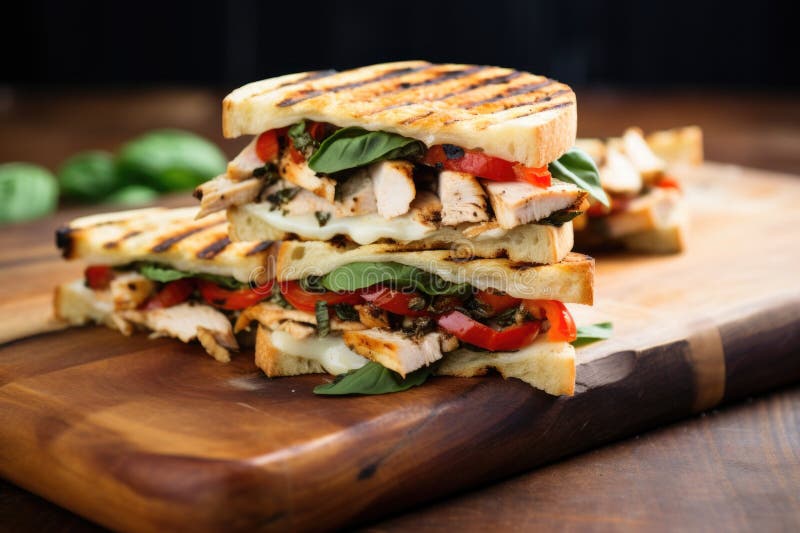 Grilled Chicken Stacked on Sliced Rustic Bread Stock Illustration ...