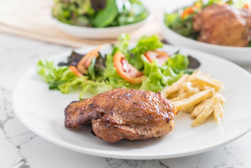 Grilled Chicken Steak With French Fries And Vegetable Salad Stock Image Image Of Cooked
