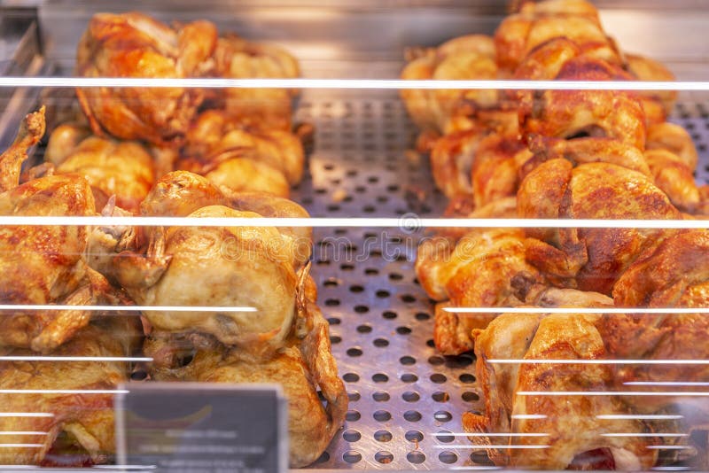 Grilled Chicken on the Storefront in the Store. Close-up Stock Photo ...
