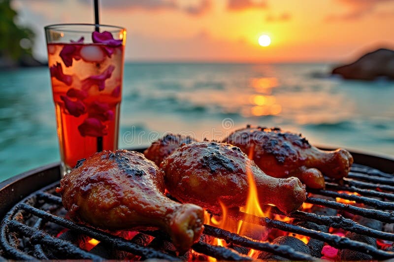 Grilled Chicken Tropical Drink Sunset Beach Barbecue Stock Photos ...