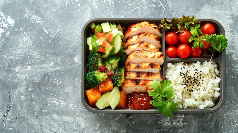 Grilled Chicken and Vegetable Bento Box Arranged on a Grey Surface ...