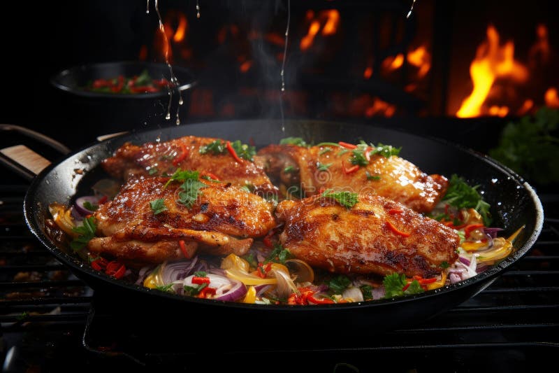 Grilled Chicken with Vegetables, Barbecue with Fire and Smoke Stock ...