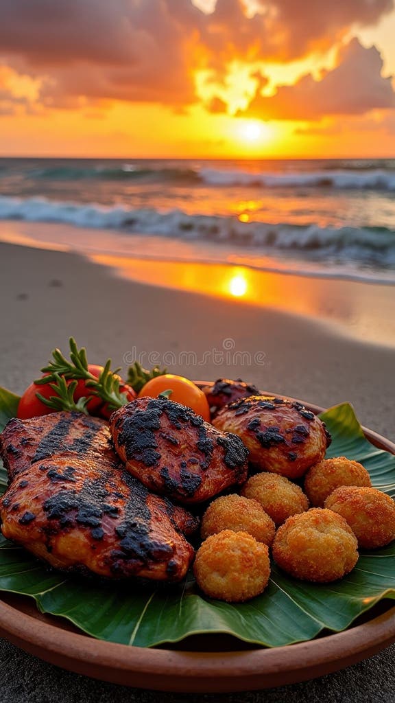 Grilled Chicken and Vegetables on Beachfront during Sunset Stock Image ...
