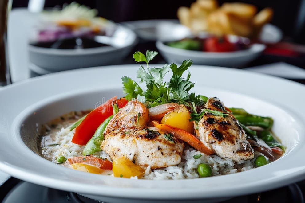 Grilled Chicken with Vegetables on Rice in a White Plate Stock Image ...