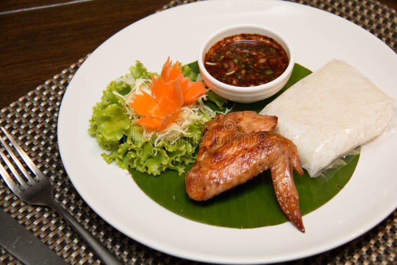 Grilled Chicken Wing and Sticky Rice Stock Image - Image of chicken ...