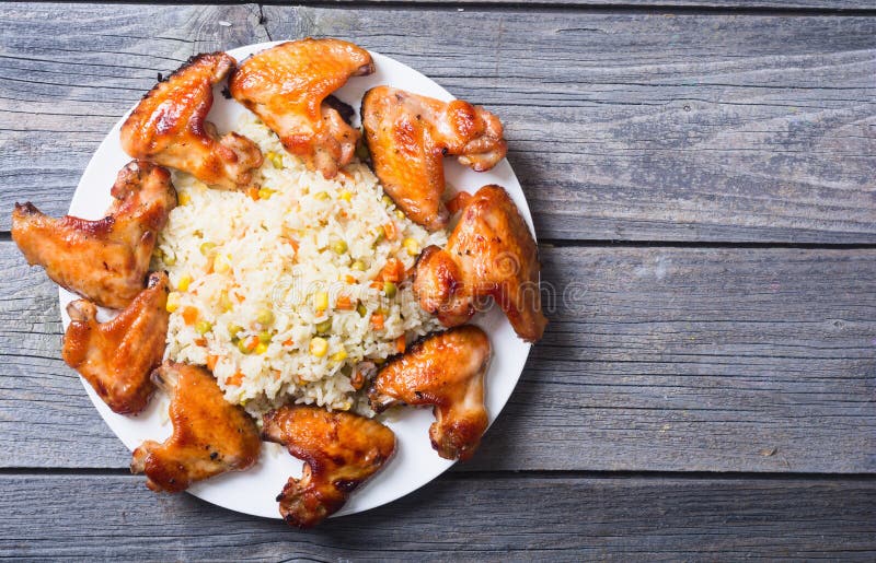 Grilled Chicken Wings & Rice Stock Photo - Image of plate, organic ...