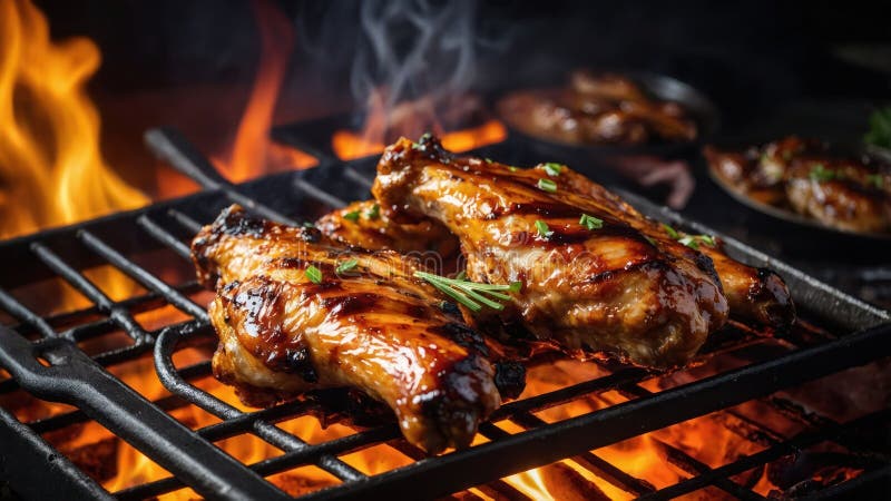Grilled Chicken Wings Sizzling Over an Open Flame, Garnished with Herbs ...